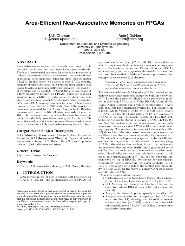 Area-Efficient Near-Associative Memories On Fpgas: Udit Dhawan Udit@Seas - Upenn.Edu André Dehon ...