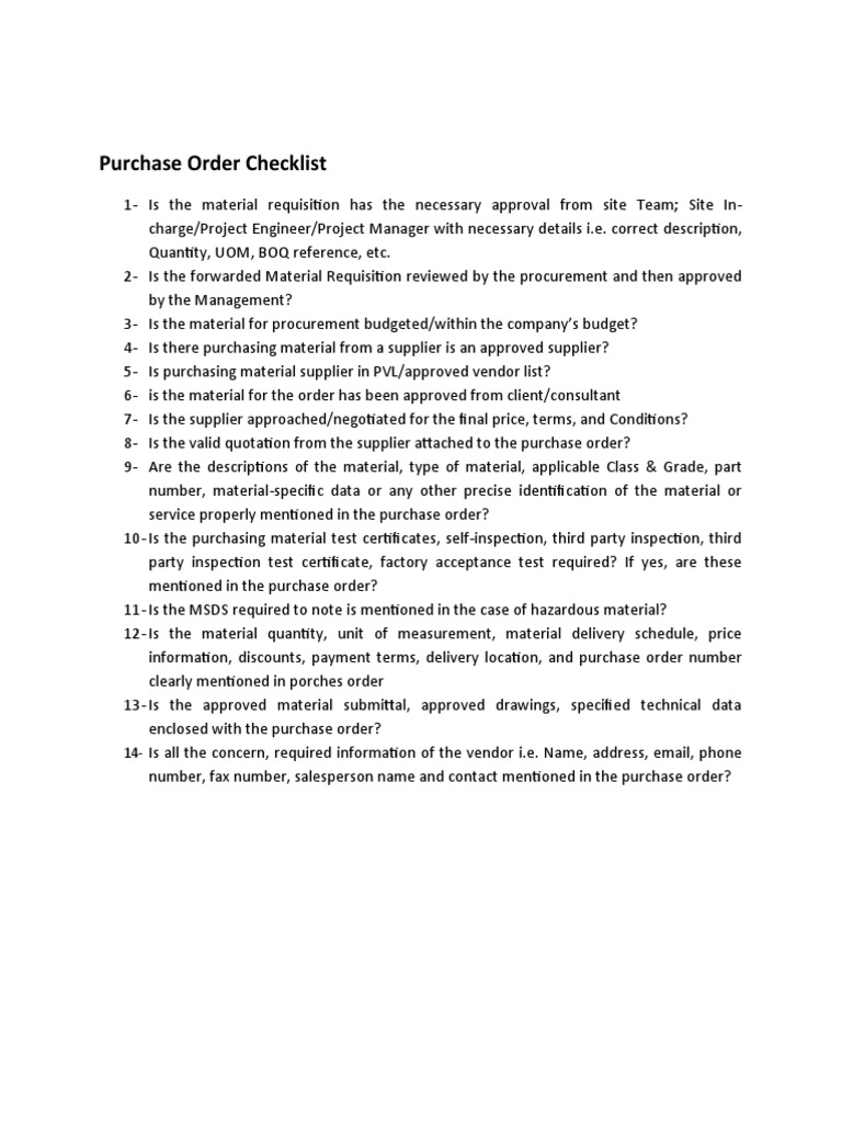 Purchase Order Checklist | PDF