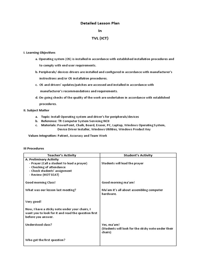 Detailed Lesson Plan in TVL (Ict) : Teacher's Activity Student's ...