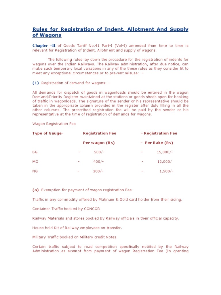 Rules - For - Registration - of - Indent | PDF | Train | Fee
