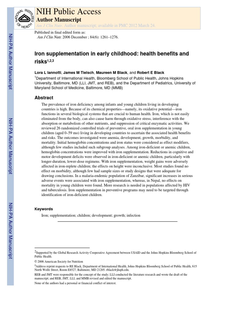 Iron Supplementation in Early Childhood - Health Benefits and Risks ...