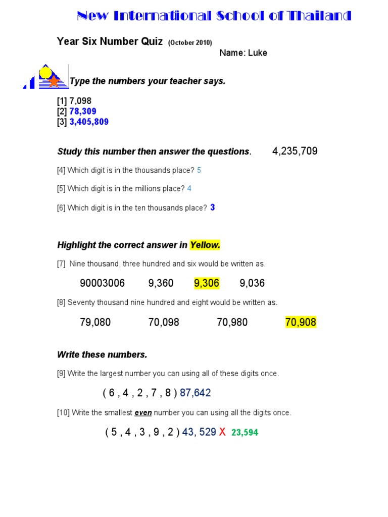 Year 6 Number Quiz Answers | PDF | Mathematics | Lexicology