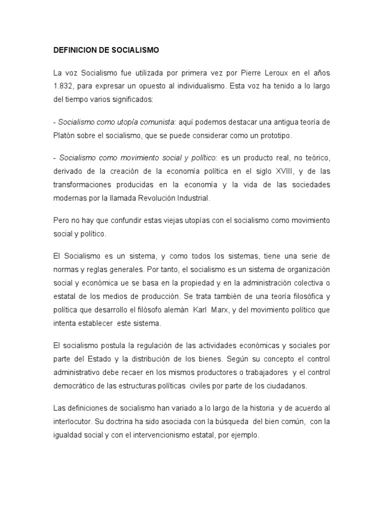 Definicion de Socialismo | PDF | Socialismo | Karl Marx