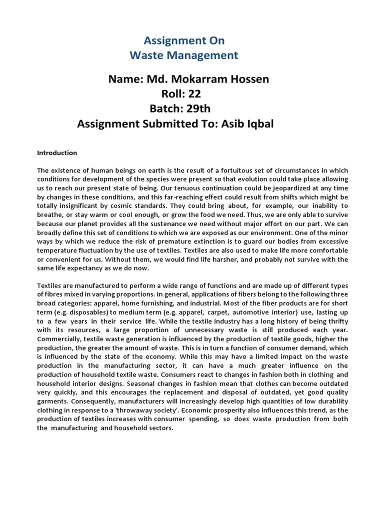 Assignment On Waste Management | PDF | Recycling | Incineration