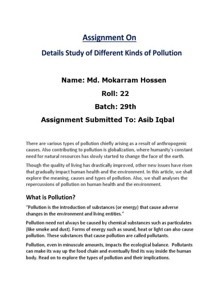Assignment On Details Study of Different Kinds of Pollution | PDF ...
