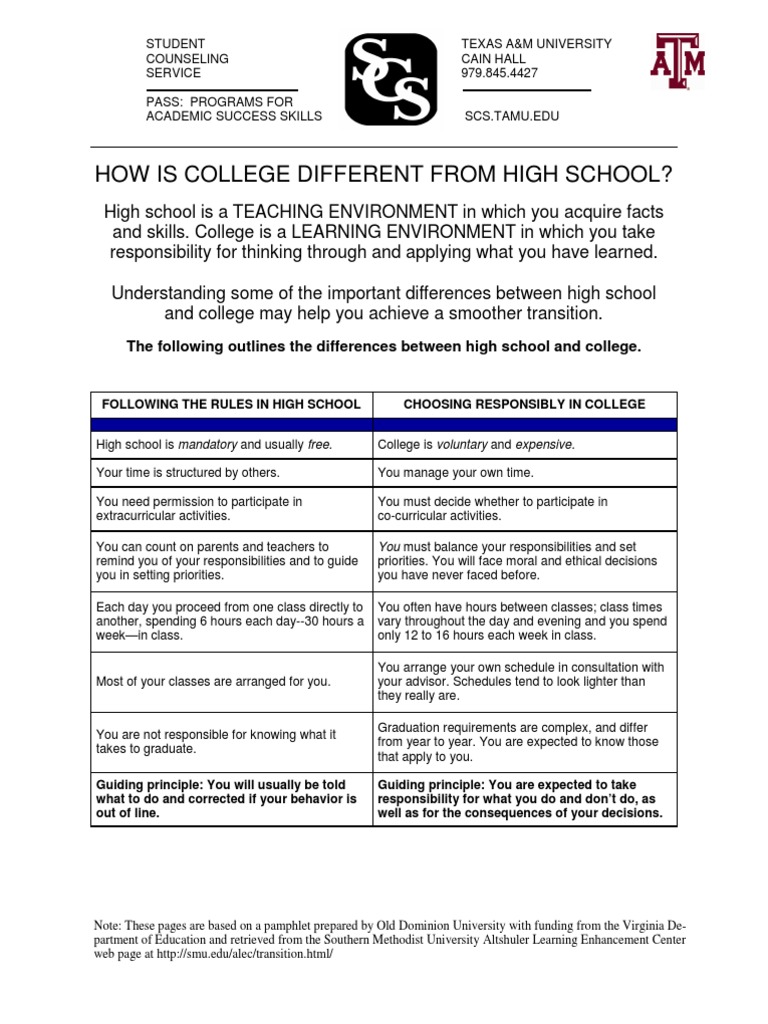 College vs. High School | PDF | Homework | Course Credit