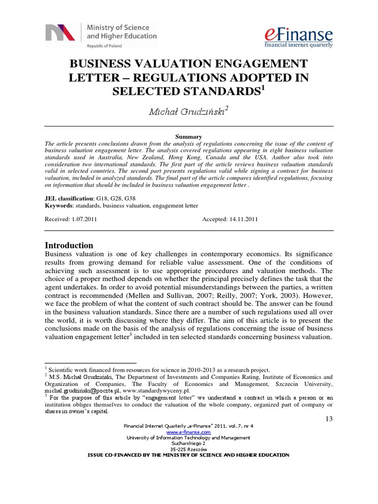 BUSINESS VALUATION LETTER STANDARDS | PDF | Real Estate Appraisal ...