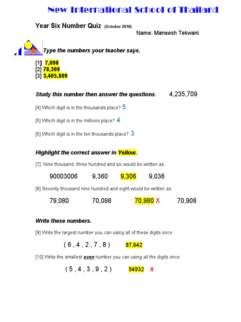 Year 6 Number Quiz Solutions | PDF | Mathematics | Numbers