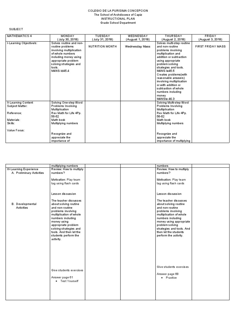 Lesson Plan 7 | PDF | Multiplication | Teaching Mathematics
