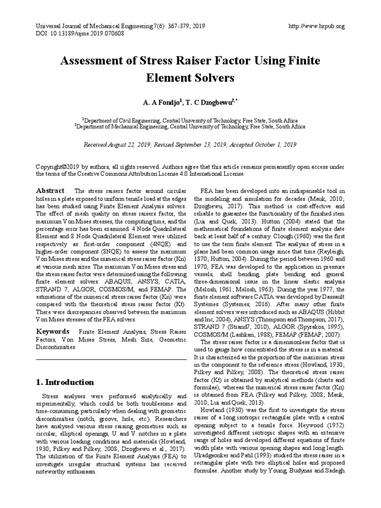Assessment of The Stress Raiser Factor Using Finite Element Solvers ...