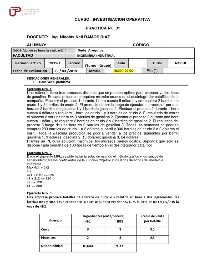 2019-2 Inves Operativa Pregra Pract 01 | PDF | Gasolina | Petróleo