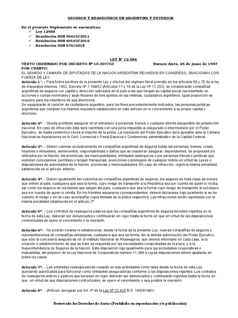 Ley 12988 y Resoluciones Sobre Reaseguros | PDF | Reaseguro | Póliza de seguros