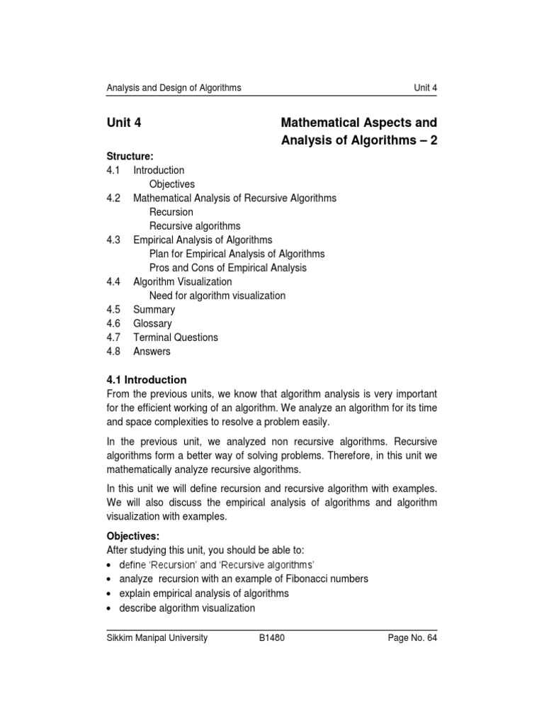 Unit 4 Mathematical Aspects and Analysis of Algorithms - 2: Structure | PDF | Recursion | Algorithms