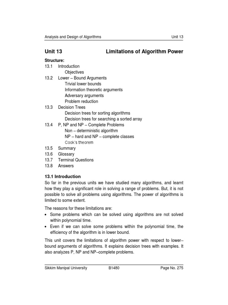 Unit 13 Limitations of Algorithm Power: Structure | PDF | Time Complexity | Computational ...