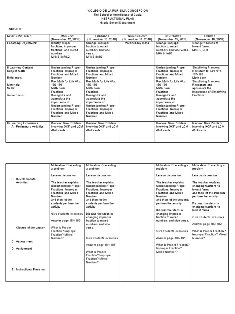 Mathematics Instructional Plans for Grade School Students at Colegio de la Purisima Concepcion ...