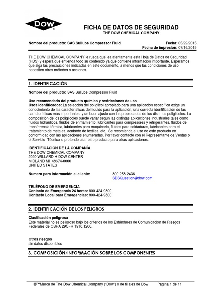 SDS - SAS Sullube Compressor Fluid US - Es | PDF | Administración de Seguridad y Salud ...