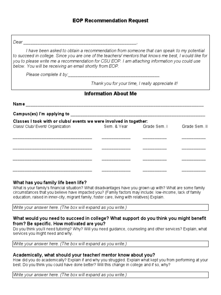 Eop Recommendation Form | PDF | Mentorship | Cognition