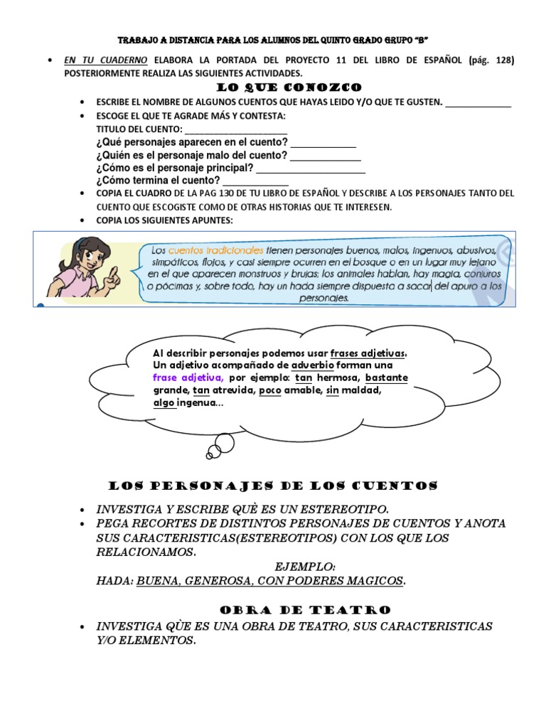 Actividades de Español para Trabajar en Casa Quinto Grado Grupo B PDF | PDF