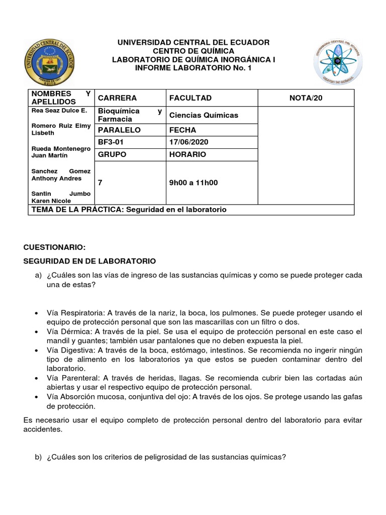 Informe P1 Seguridad en El Laboratorio | PDF | Potasio | Dieta y nutrición