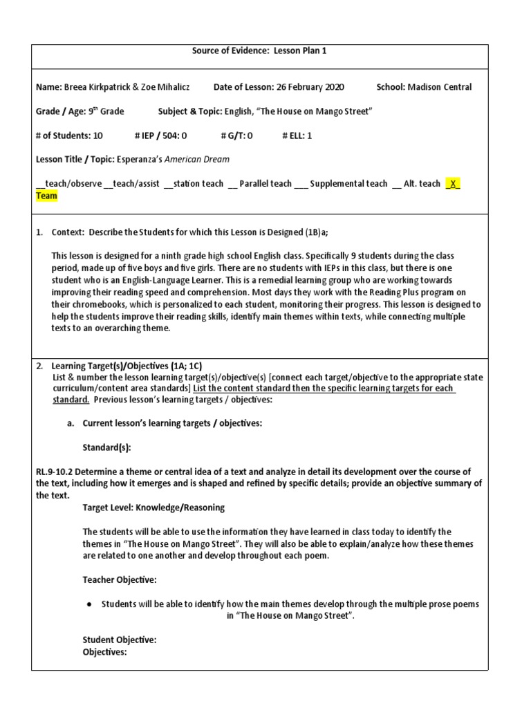 Lesson Plan 1 - The House On Mango Street EPORTFOLIO | PDF | Reading ...