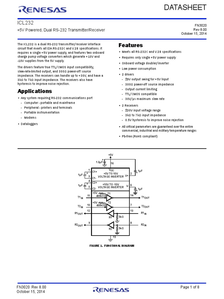 Features: +5V Powered, Dual RS-232 Transmitter/Receiver | PDF | Electricity | Electromagnetism