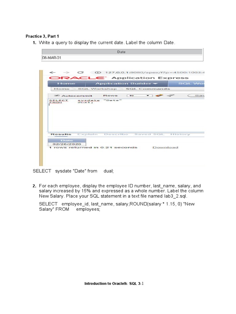 Practice 3, Part 1 1.: Introduction To Oracle9i: SQL 3 | PDF | Data Management Software | Data