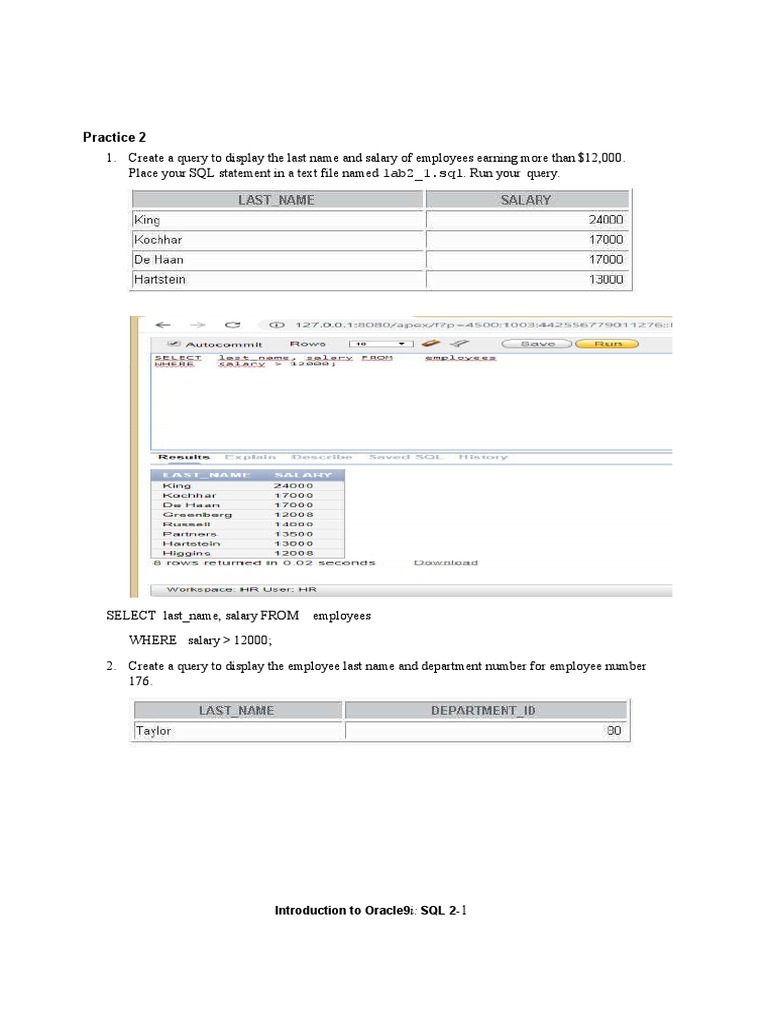 Practice 2 Introduction To Oracle9i Sql 2 Pdf Salary Data