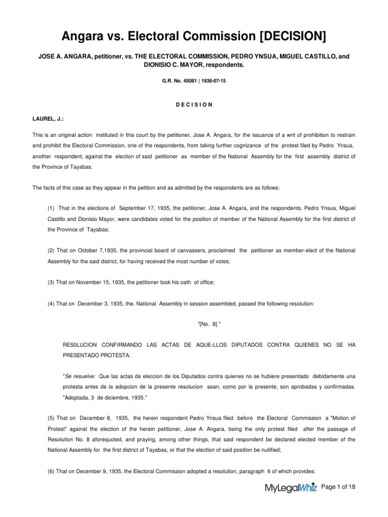 Angara vs. Electoral Commission Decision | PDF | United States House Of ...