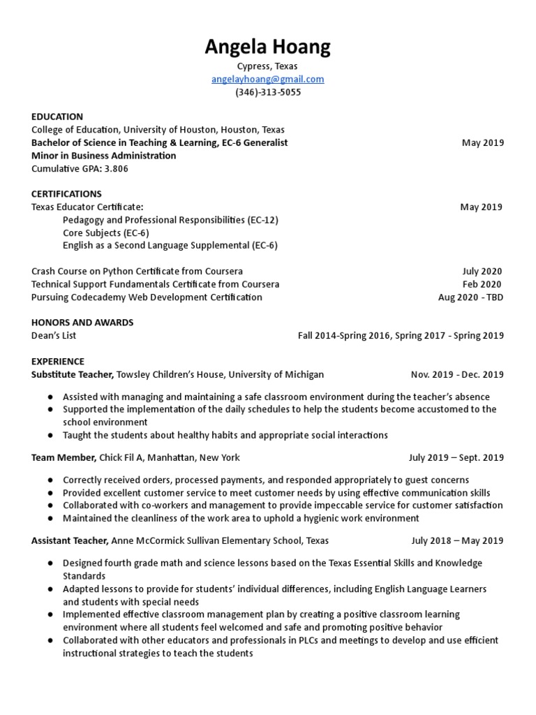 Angelahoang Resume | PDF | Teachers | Education Theory