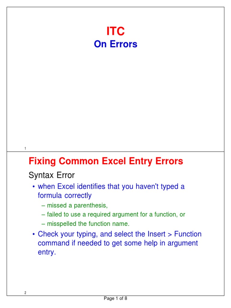 On Errors: Fixing Common Excel Entry Errors | PDF | Argument | Array ...