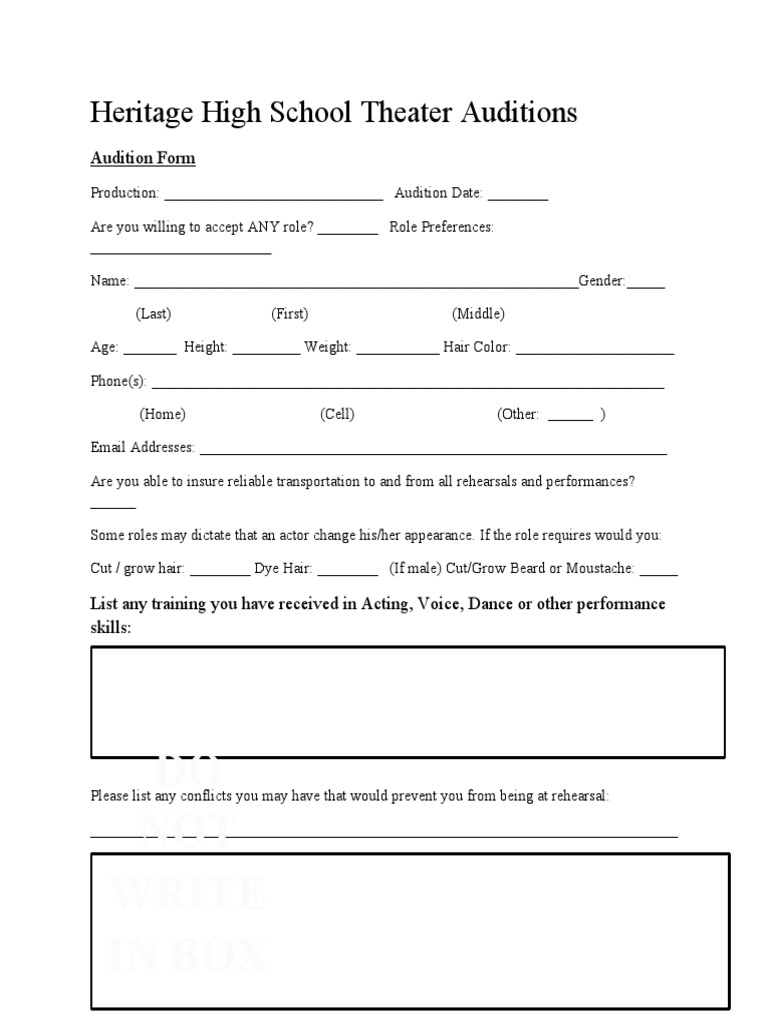 DO NOT Write in Box: Heritage High School Theater Auditions | PDF ...