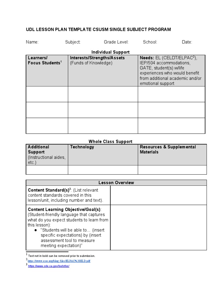 Udl Lesson Plan Template Csusm Single Subject Program | PDF ...