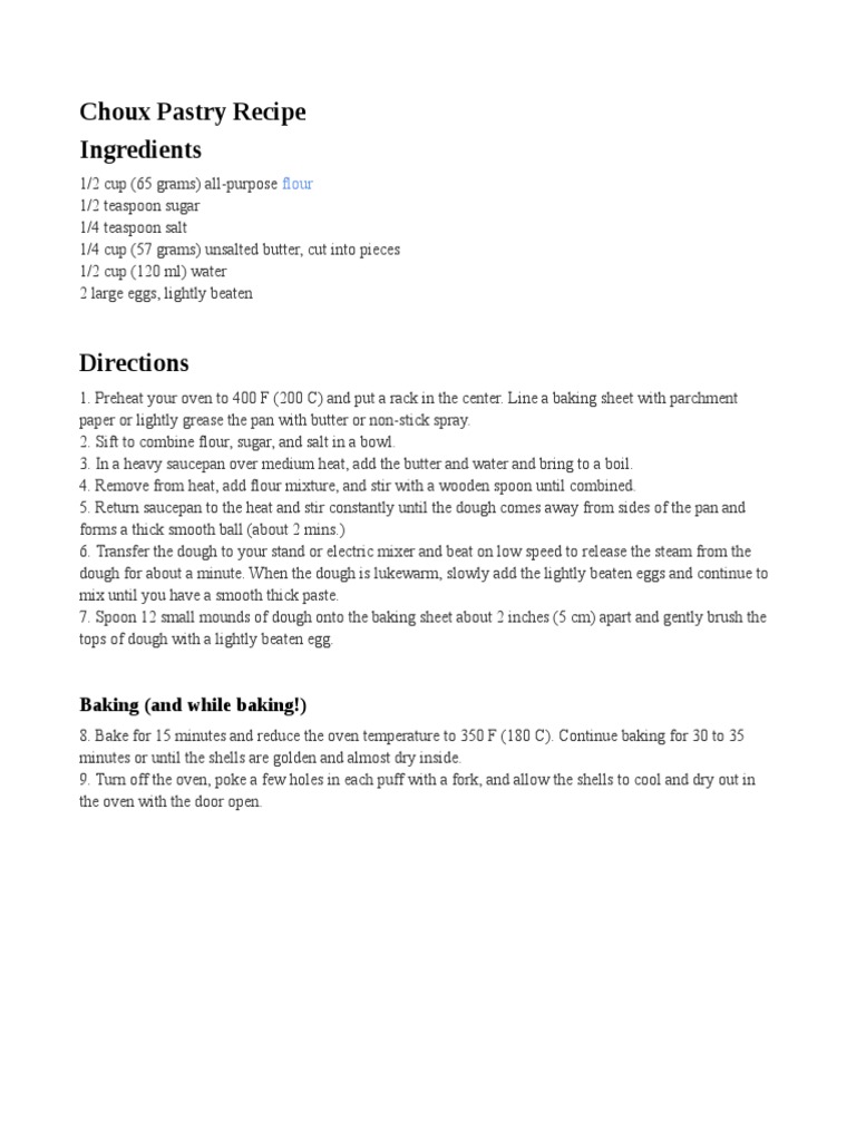 Choux Pastry Recipe Ingredients: Flour | PDF