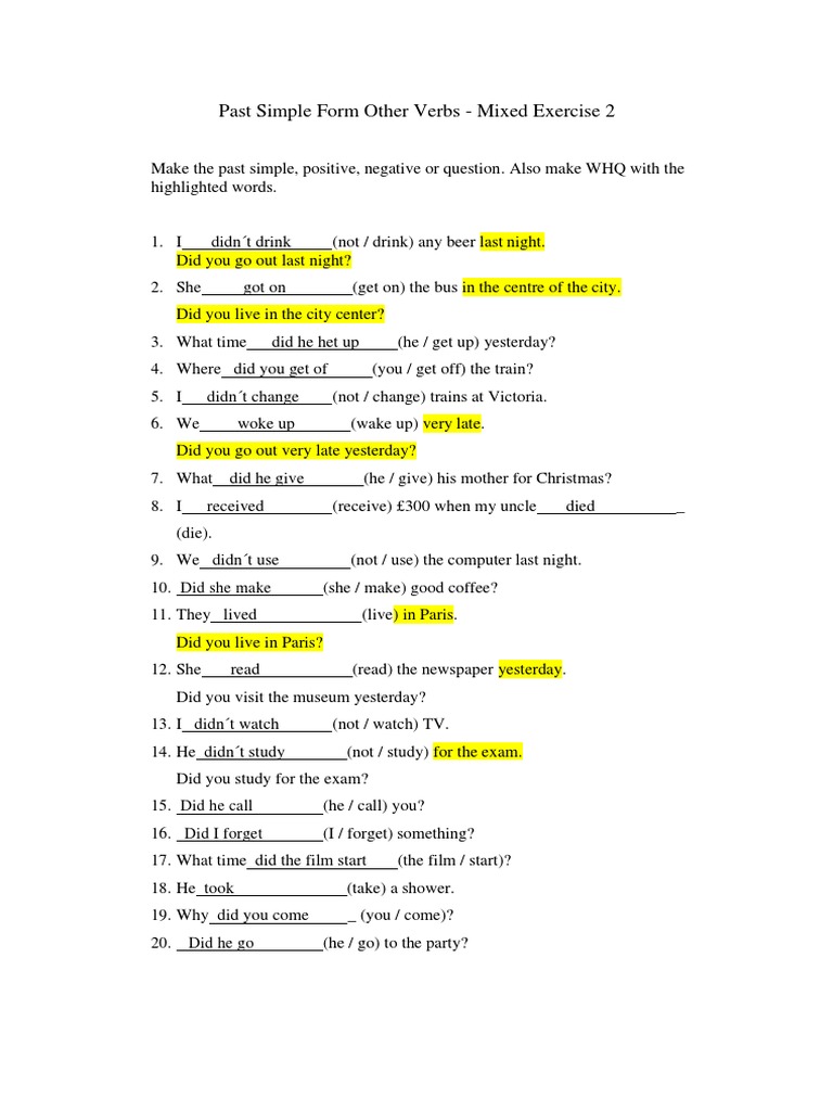 Past Simple Form Other Verbs - Mixed Exercise 2 | PDF