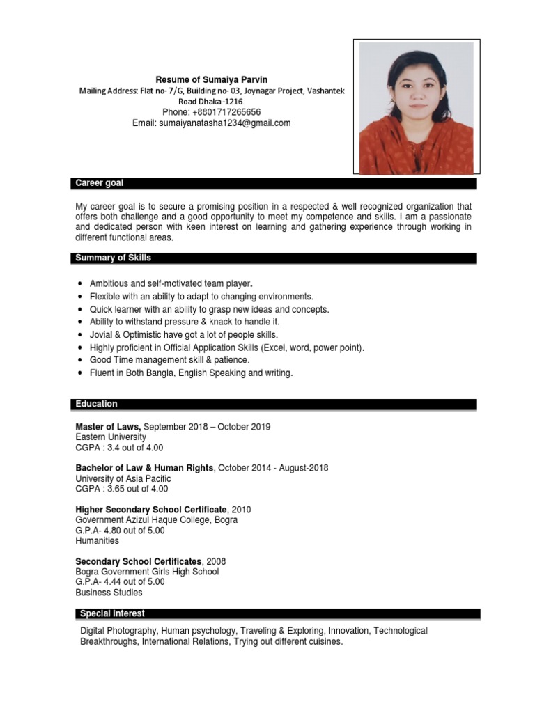 Sample Resume of Sumaiya PDF | PDF | Bangladesh | Behavior Modification