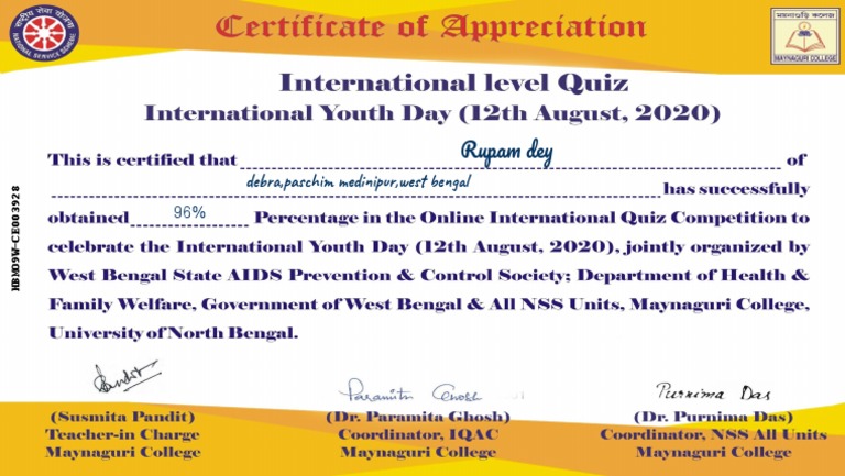 Certificate For Rupam Dey For - A Quiz To Celebrate INTERNA... - PDF | PDF