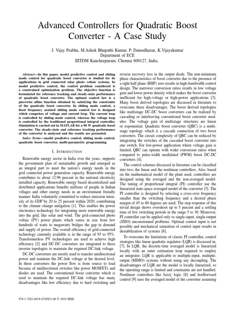 Advanced Controllers For Quadratic Boost Converter - A Case Study | PDF | Control Theory | Power ...