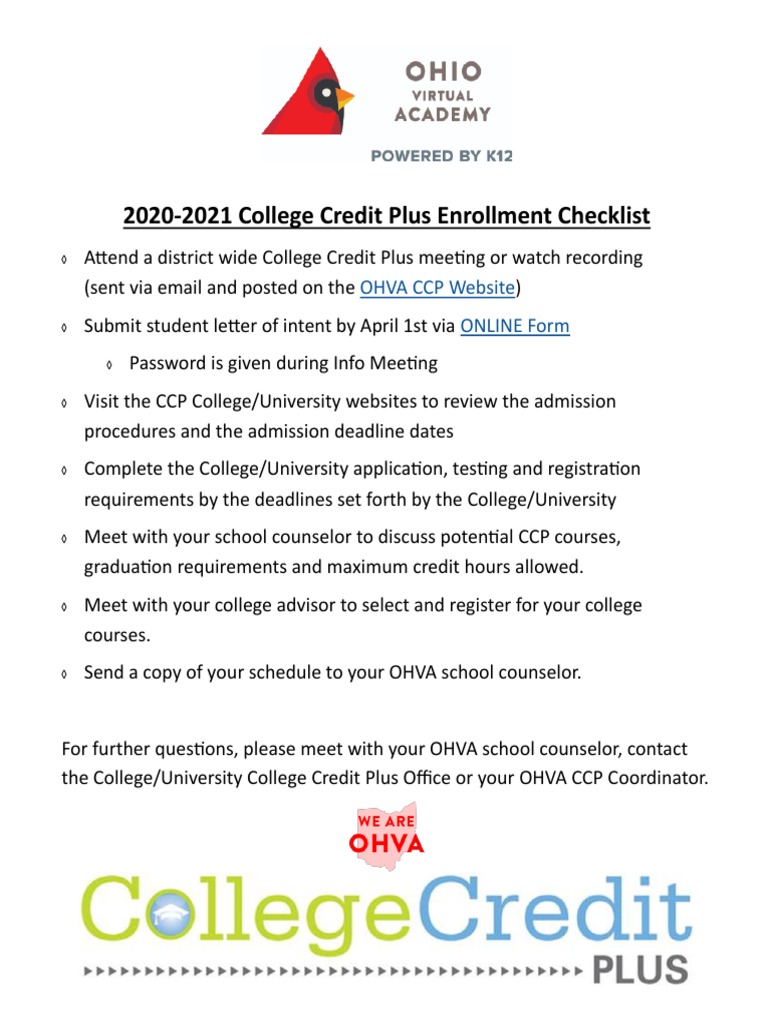 2020-2021 College Credit Plus Enrollment Checklist: OHVA CCP Website ...