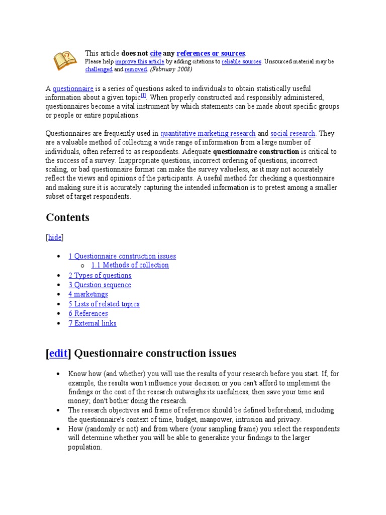 Questionnaire: Cite References or Sources | PDF | Survey Methodology ...