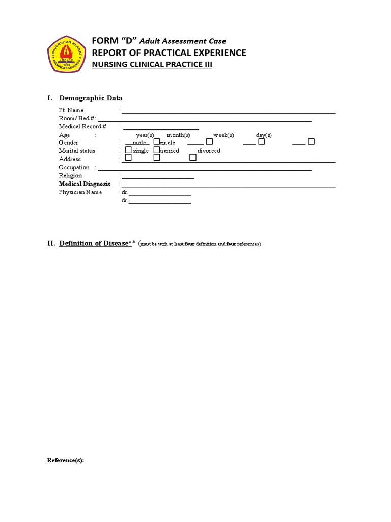 Form "D" Report of Practical Experience: Nursing Clinical Practice I II ...