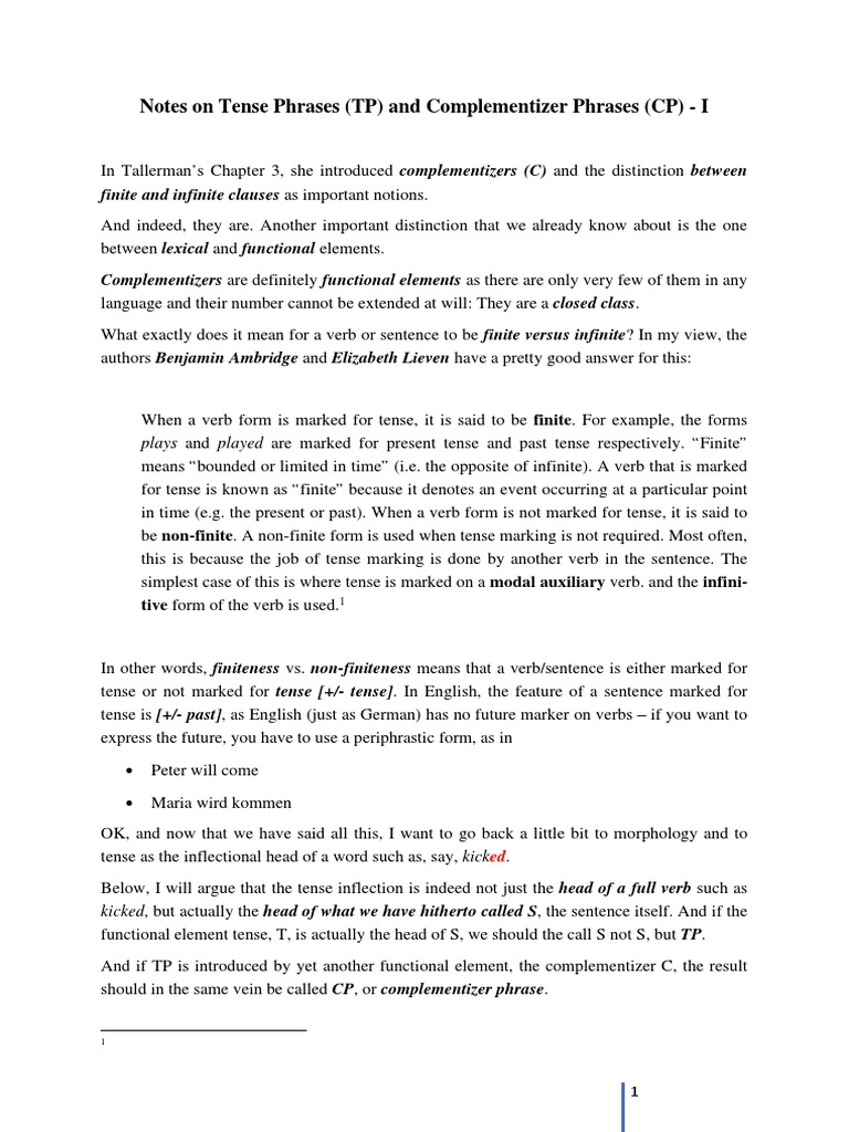 Notes On Tense Phrases (TP) and Complementizer Phrases (CP) - I | PDF ...