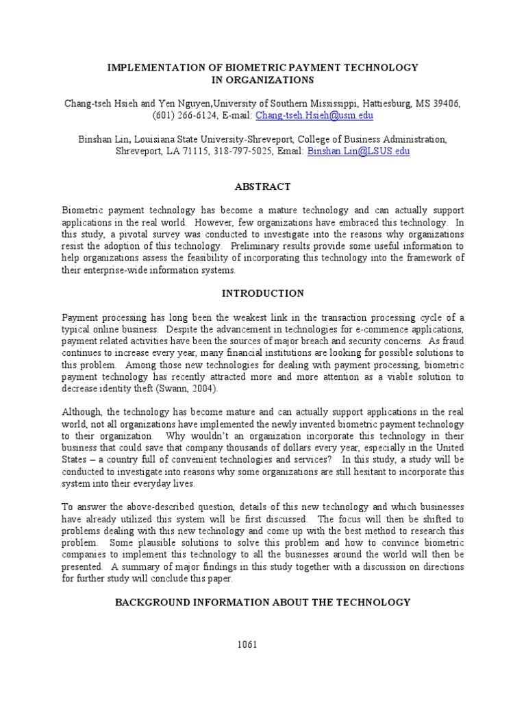 Implementation Of Biometric Payment Technology In Organizations Pdf