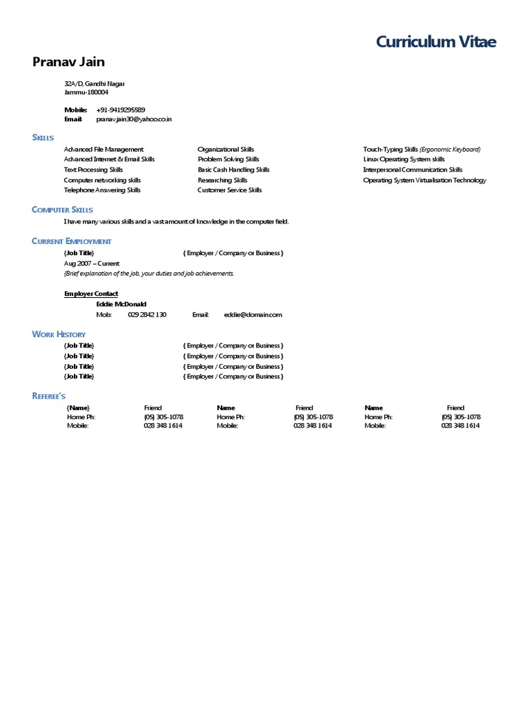 Example Curriculum Vitae for Pranav Jain | PDF
