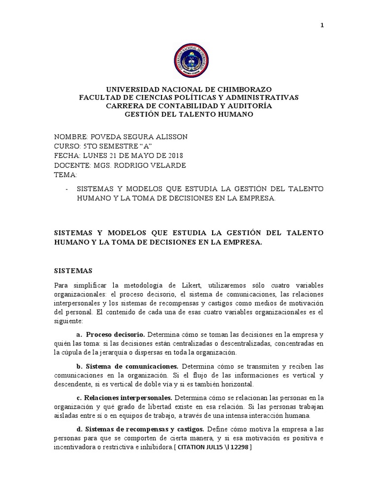 Sistemas y Modelos Que Estudia La Gth.. | PDF | Gestión de recursos humanos | Toma de decisiones