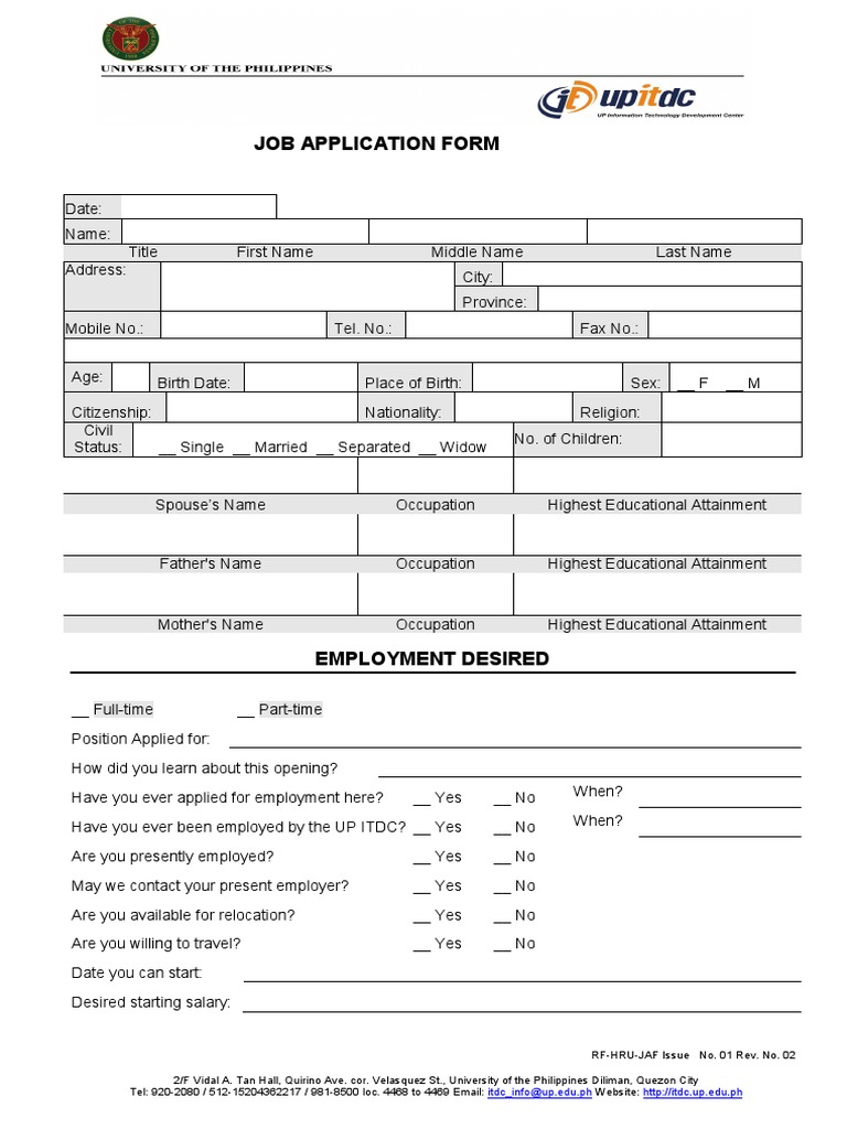 RF-HRU-JAF Job Application Form | PDF | Educational Attainment In The ...