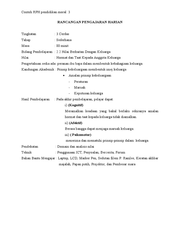 Contoh RPH Pendidikan Moral 3 | PDF