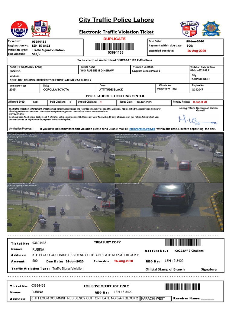 City Traffic Police Lahore: Electronic Traffic Violation Ticket | PDF ...