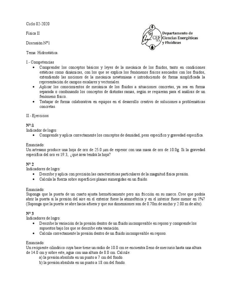 Guía de Discusión N°1 PDF | PDF | Presión | Física