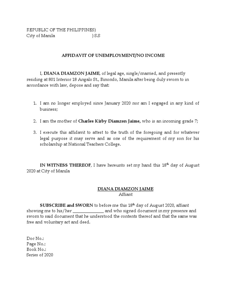aFFIDAVIT OF UNEMPLOYMENT | Download Free PDF | Affidavit | Legal Documents