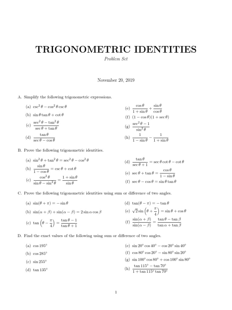 Trig Identities Problem Set | PDF | Sine | Trigonometric Functions